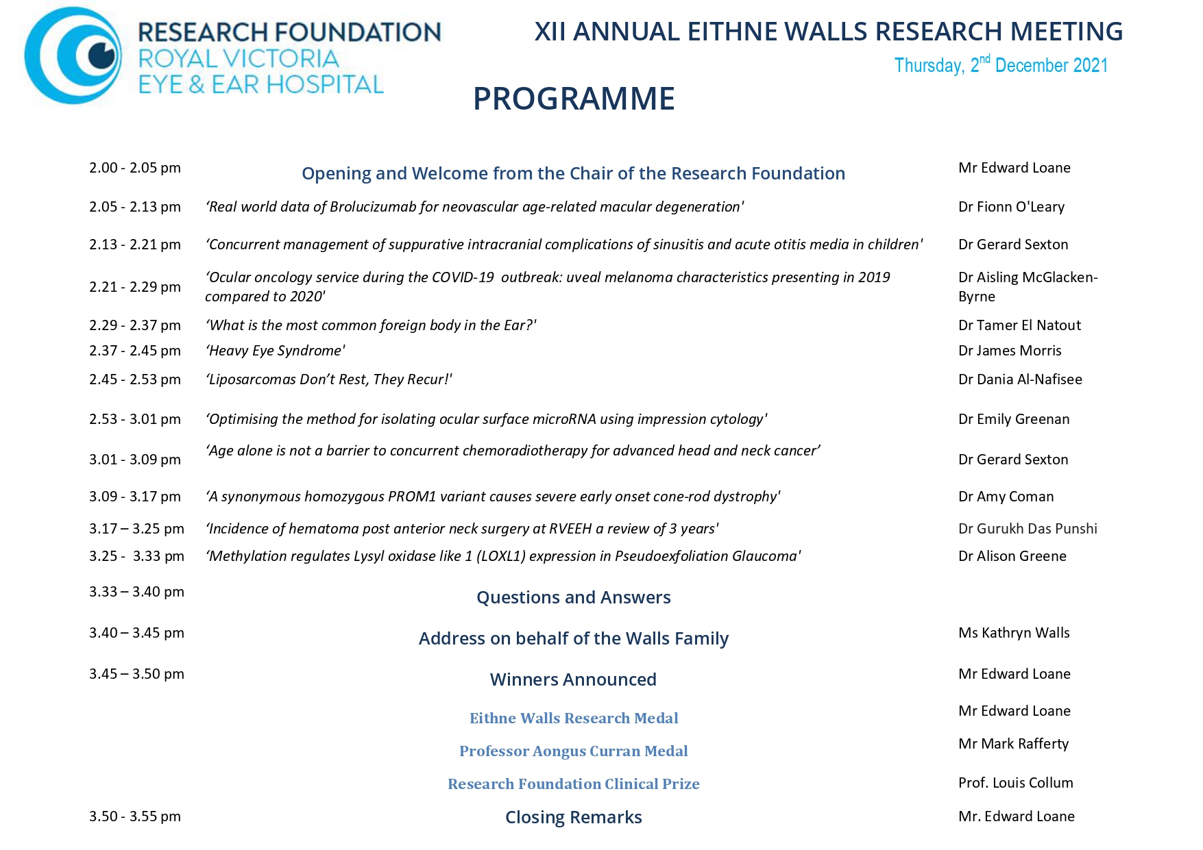 12th Annual Eithne Walls Research Meeting, 2nd December 2021 - Research ...